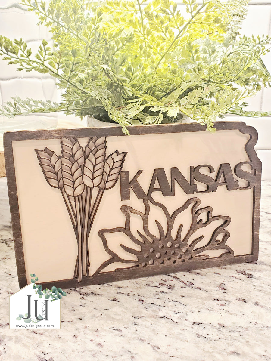 State of Kansas Wood Cutout with Wheat and Sunflower – J.U. Designs